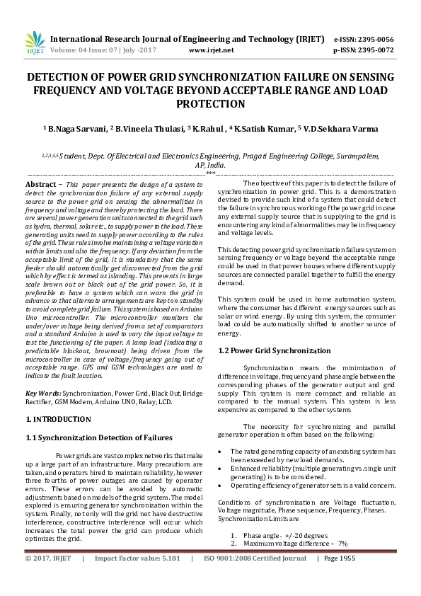 (PDF) DETECTION OF POWER GRID SYNCHRONIZATION FAILURE ON SENSING FREQUENCY AND VOLTAGE BEYOND ...