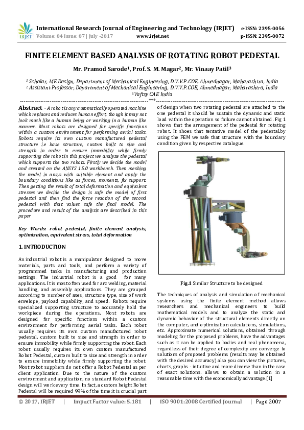 (PDF) FINITE ELEMENT BASED ANALYSIS OF ROTATING ROBOT PEDESTAL