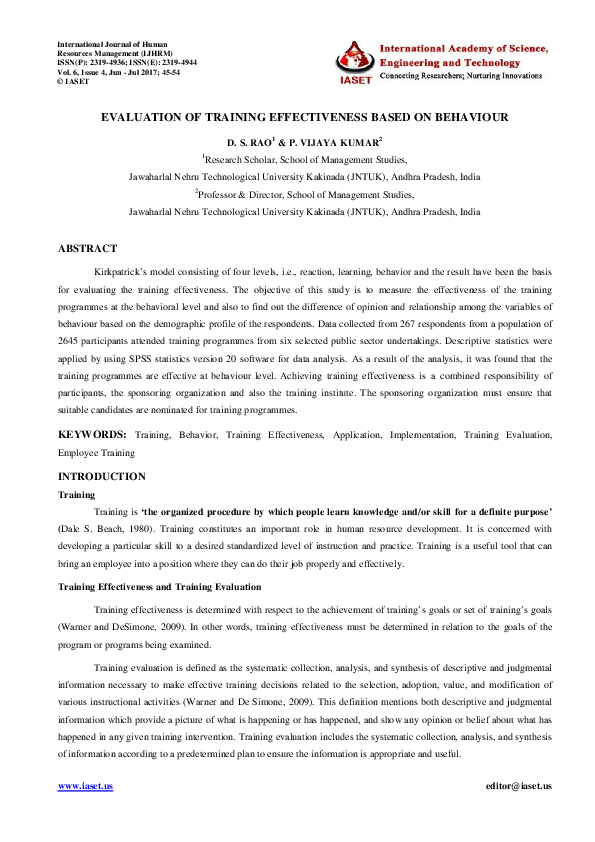 (PDF) EVALUATION OF TRAINING EFFECTIVENESS BASED ON BEHAVIOUR