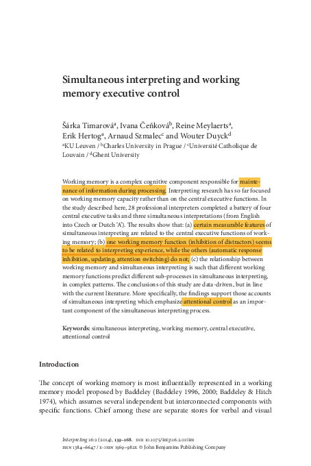 (PDF) Simultaneous interpreting and working memory executive control