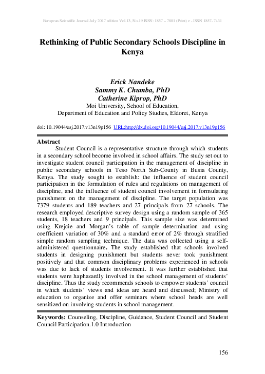 (PDF) Rethinking of Public Secondary Schools Discipline in Kenya