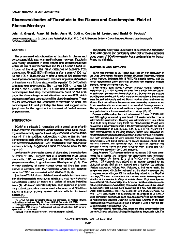 (PDF) Pharmacokinetics of tiazofurin in the plasma and cerebrospinal ...