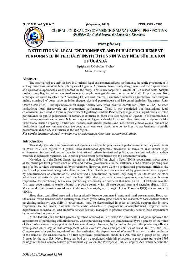 (PDF) INSTITUTIONAL LEGAL ENVIRONMENT AND PUBLIC PROCUREMENT PERFORMNCE.pdf