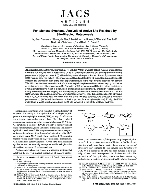 (PDF) Pentalenene Synthase. Analysis of Active Site Residues by Site ...