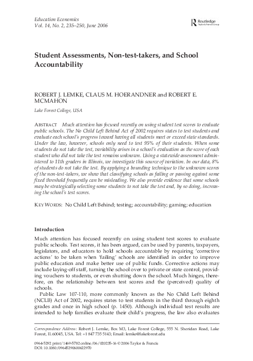 (PDF) Student Assessments, Non‐test‐takers, and School Accountability