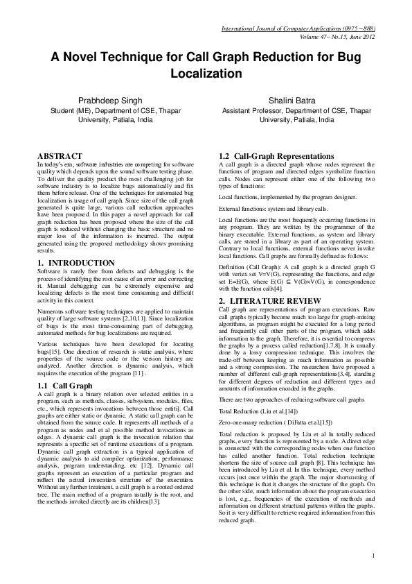 Pdf A Novel Technique For Call Graph Reduction For Bug Localization