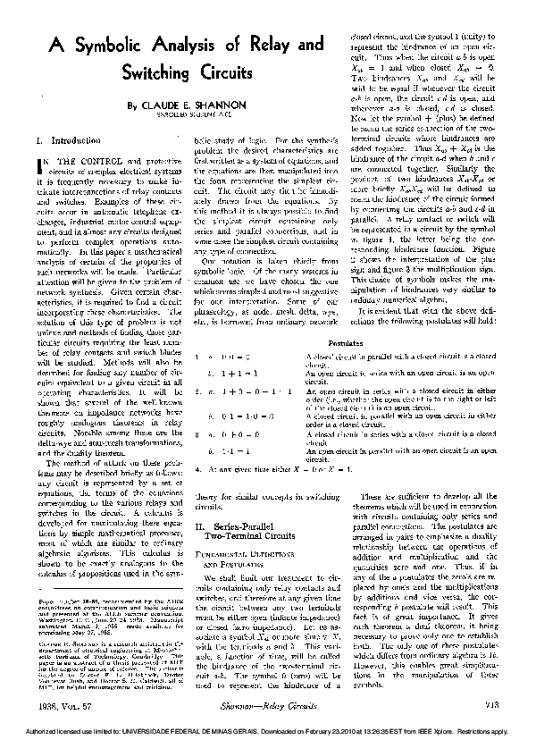 (PDF) A Symbolic Analysis of Relay and Switching Circuits By CLAUDE E. SHANNON AIEE vol