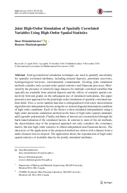 Pdf Joint High Order Simulation Of Spatially Correlated Variables