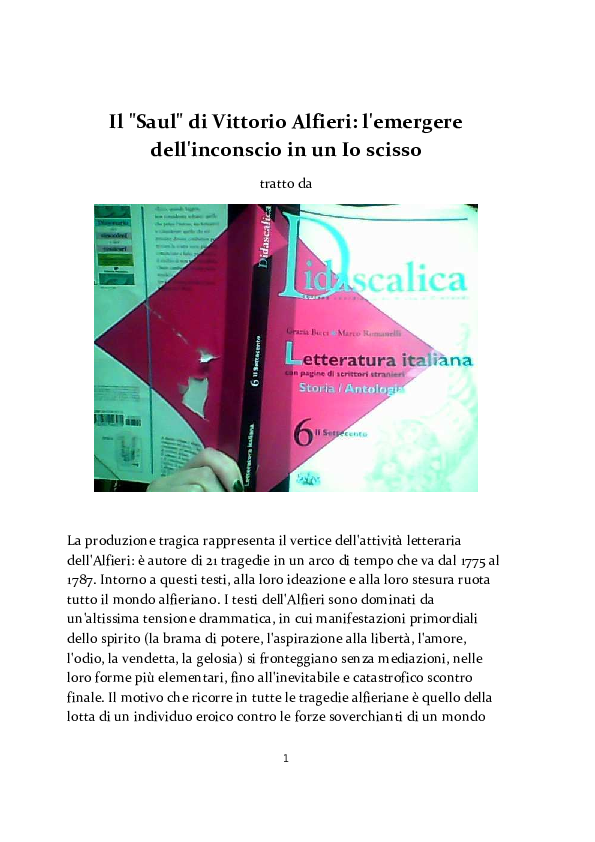 Il "Saul" di Vittorio Alfieri: l'emergere dell'inconscio in un Io scisso