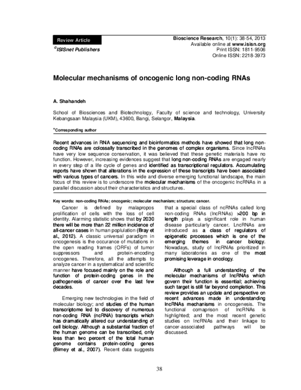 (PDF) Molecular mechanisms of oncogenic long non-coding RNAs