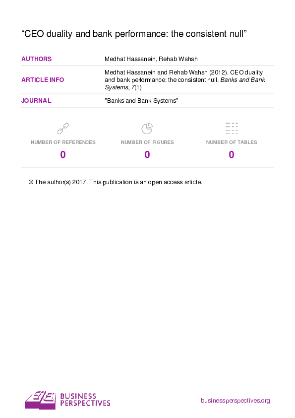 (PDF) " CEO duality and bank performance: the consistent null