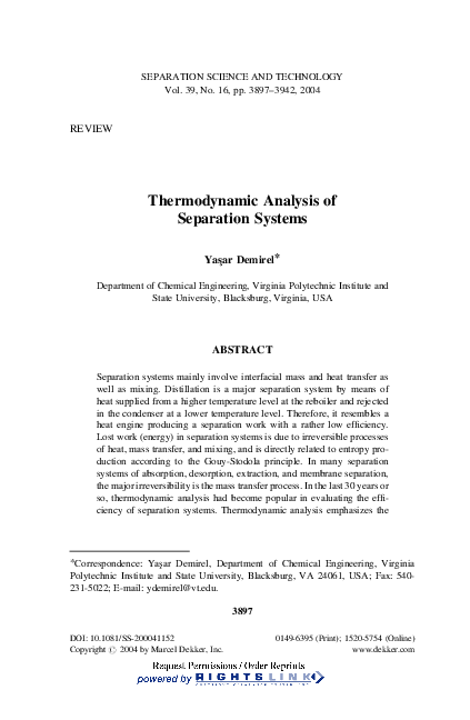(PDF) Thermodynamic Analysis of Separation Systems