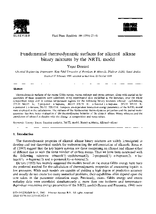 (PDF) Fundamental thermodynamic surfaces for alkanol-alkane binary ...