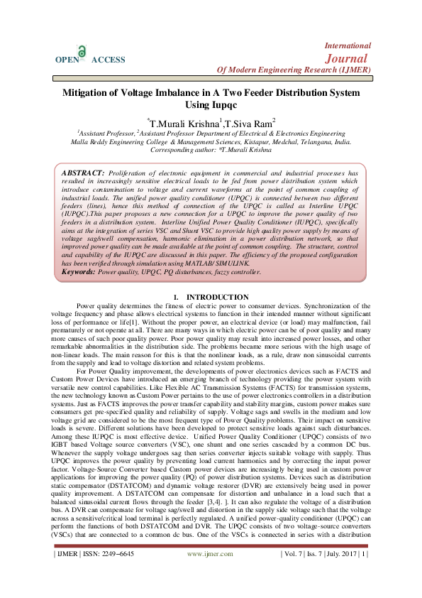 (PDF) Mitigation of Voltage Imbalance in A Two Feeder Distribution System Using Iupqc
