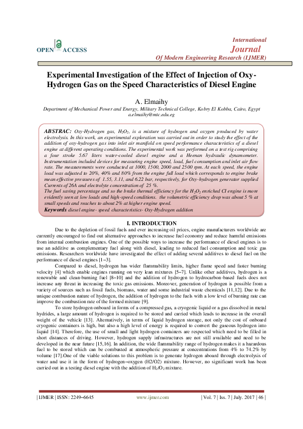 (PDF) Experimental Investigation of the Effect of Injection of Oxy- Hydrogen Gas on the Speed ...
