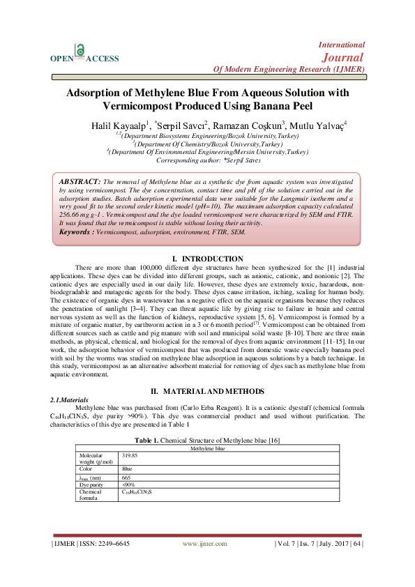 (PDF) Adsorption of Methylene Blue From Aqueous Solution with Vermicompost Produced Using Banana ...