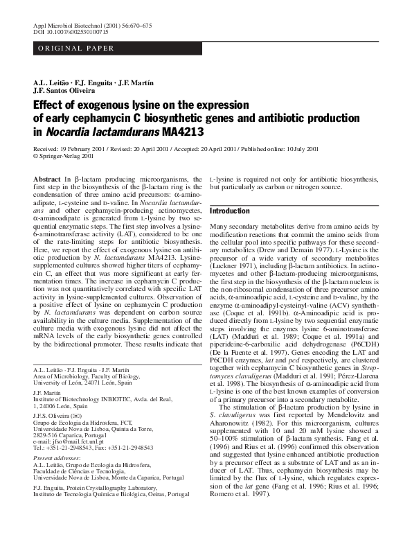 (PDF) Effect of exogenous lysine on the expression of early cephamycin ...
