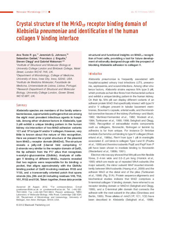 (PDF) Crystal structure of the MrkD 1P receptor binding domain of ...