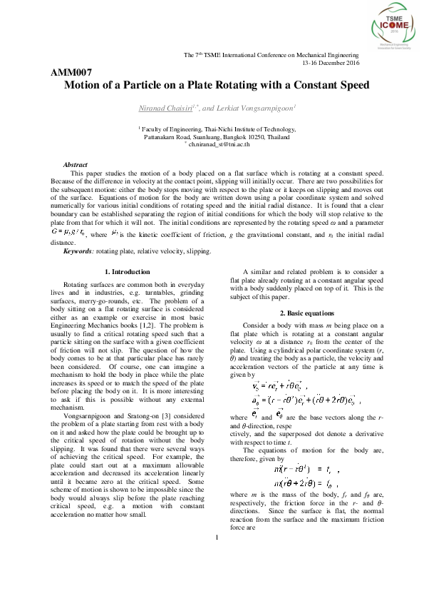 (DOC) Motion of a Particle on a Plate Rotating with a Constant Speed