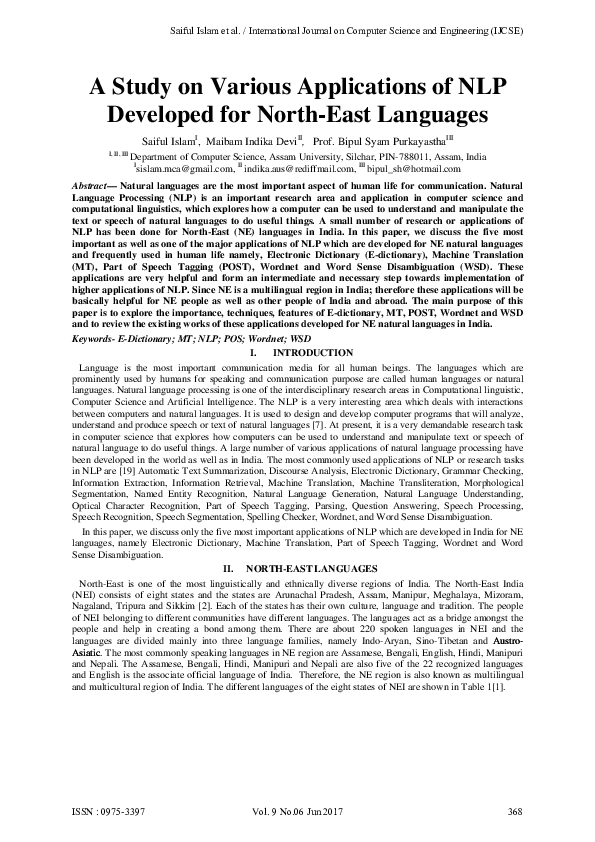 (PDF) A Study on Various Applications of NLP Developed for North-East ...