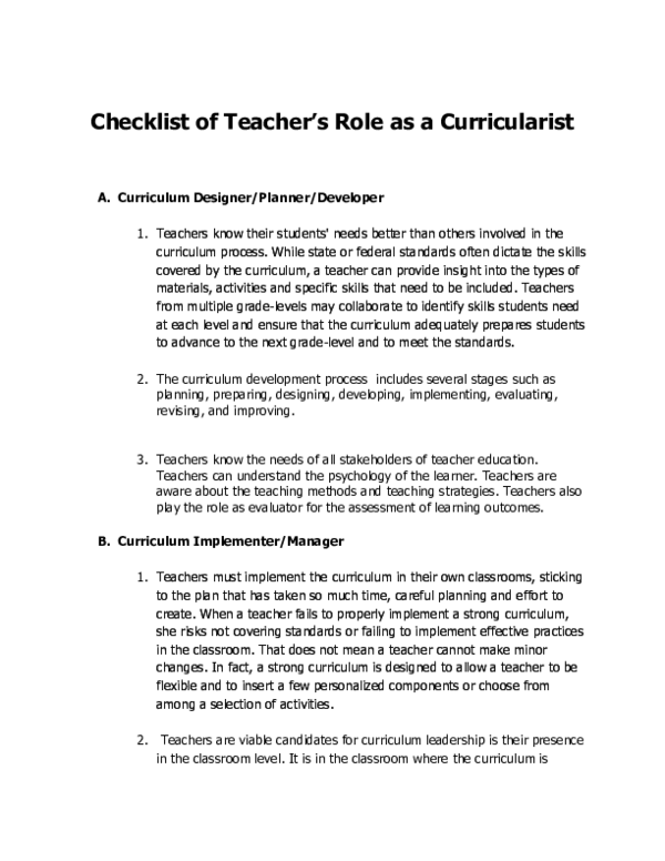 (DOC) Checklist of Teacher's Role as a Curricularist Curriculum ...