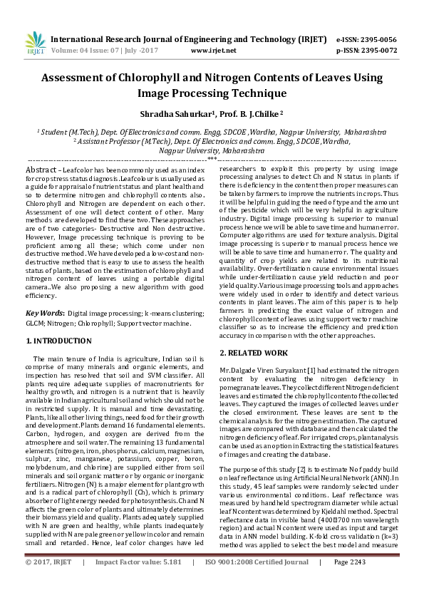 (PDF) Assessment of Chlorophyll and Nitrogen Contents of Leaves Using Image Processing Technique