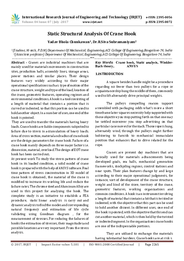 (PDF) Static Structural Analysis Of Crane Hook