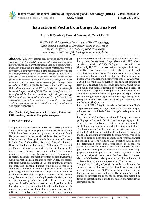Pdf Extraction Of Pectin From Unripe Banana Peel
