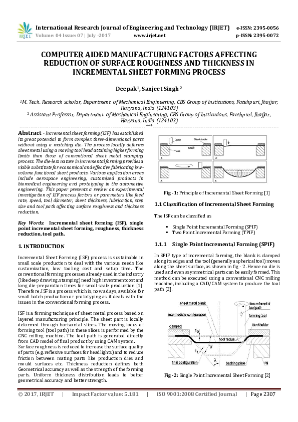 Pdf Computer Aided Manufacturing Factors Affecting Reduction Of Surface Roughness And