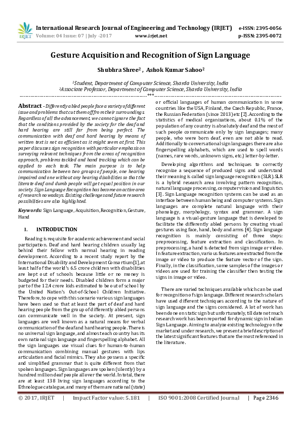 (PDF) Gesture Acquisition and Recognition of Sign Language