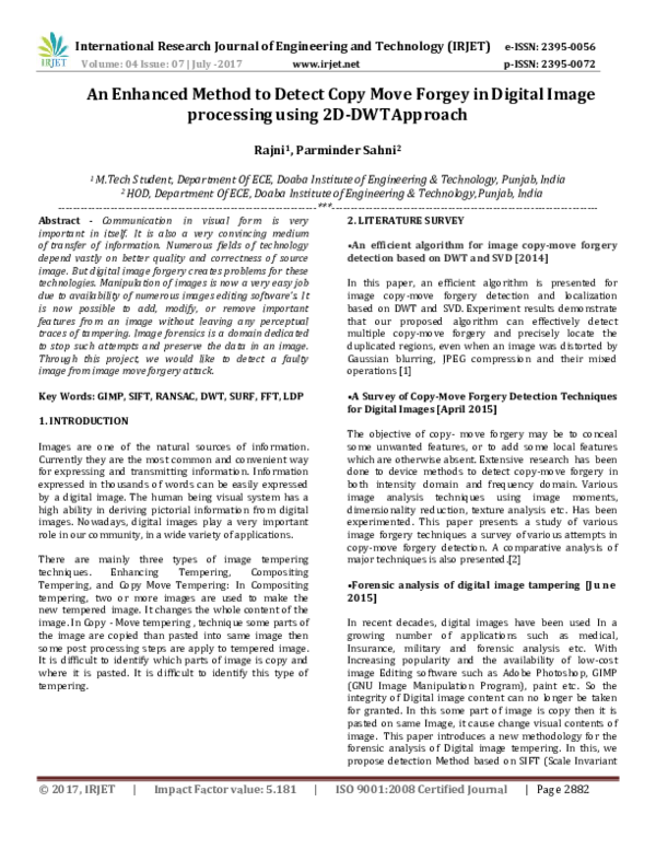 (PDF) An Enhanced Method to Detect Copy Move Forgey in Digital Image processing using 2D-DWT ...