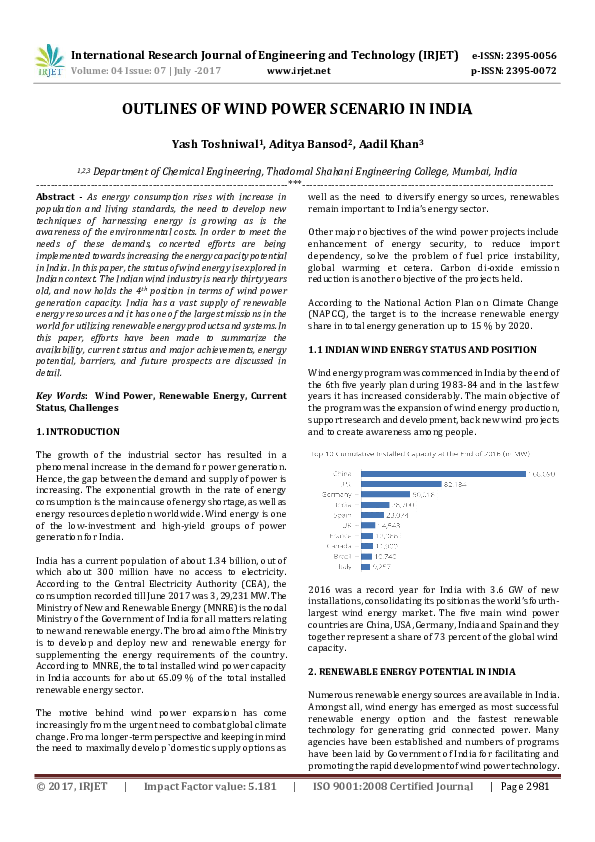 (PDF) OUTLINES OF WIND POWER SCENARIO IN INDIA | IRJET Journal - Academia.edu