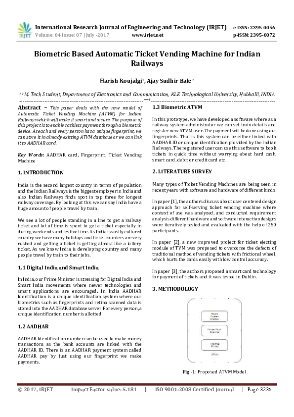 (PDF) Biometric Based Automatic Ticket Vending Machine for Indian ...