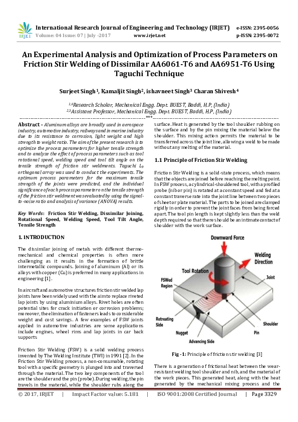 Pdf An Experimental Analysis And Optimization Of Process Parameters On Friction Stir Welding