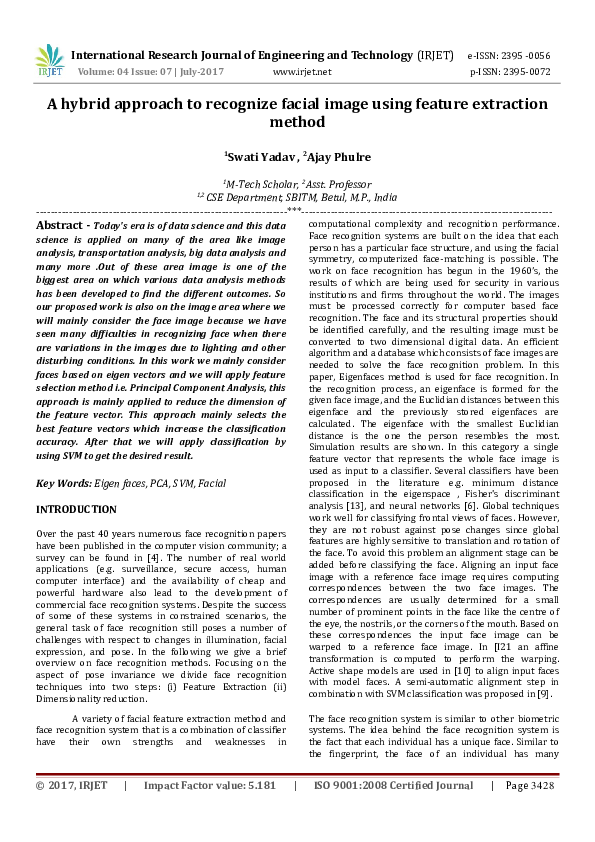 Pdf A Hybrid Approach To Recognize Facial Image Using Feature Extraction Method