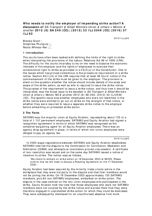 (PDF) Who needs to notify the employer of impending strike action