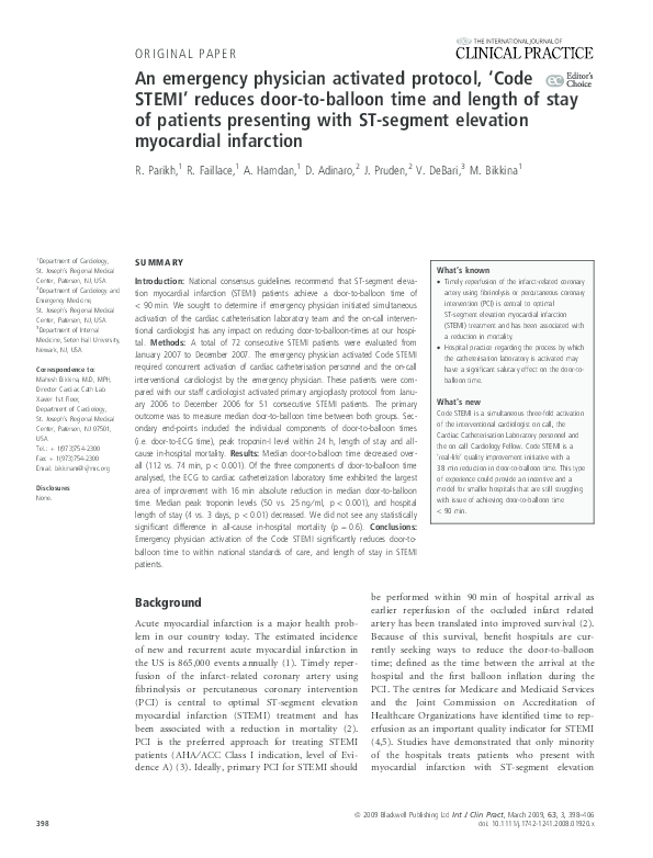 (PDF) An emergency physician activated protocol, ‘Code STEMI’ reduces ...