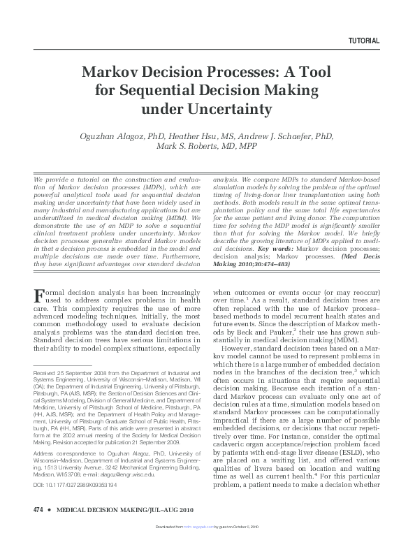 (PDF) Markov Decision Processes: A Tool for Sequential Decision Making ... (PDF) Markov Decision Processes: A Tool for Sequential Decision Making ...