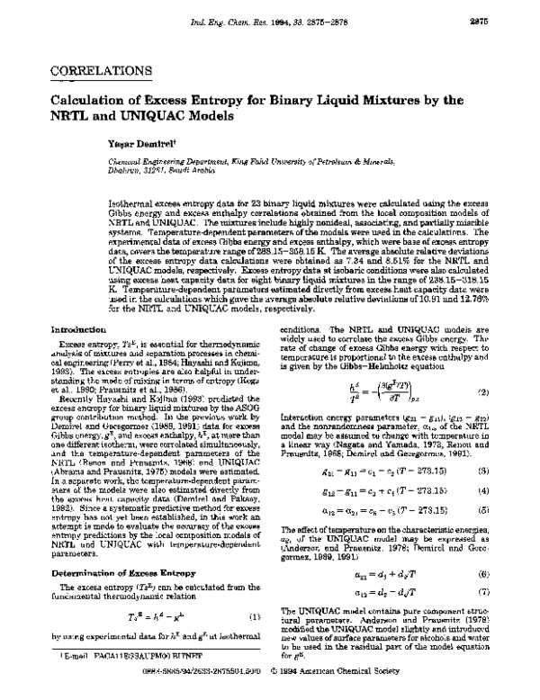 Pdf Calculation Of Excess Entropy For Binary Liquid Mixtures By The