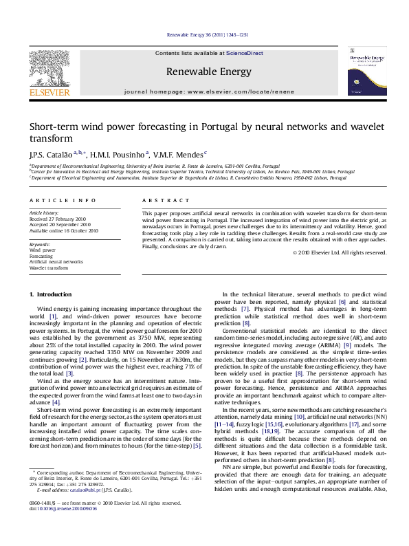 (PDF) Short-term wind power forecasting in Portugal by neural networks and wavelet transform
