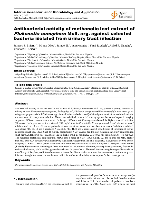 (PDF) Antibacterial activity of methanolic leaf extract of Plukenetia conophora Mull. arg ...