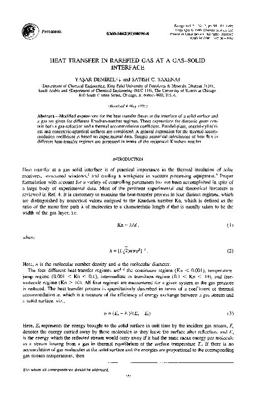 (PDF) HEAT TRANSFER IN RAREFIED GAS AT A GAS-SOLID INTERFACE