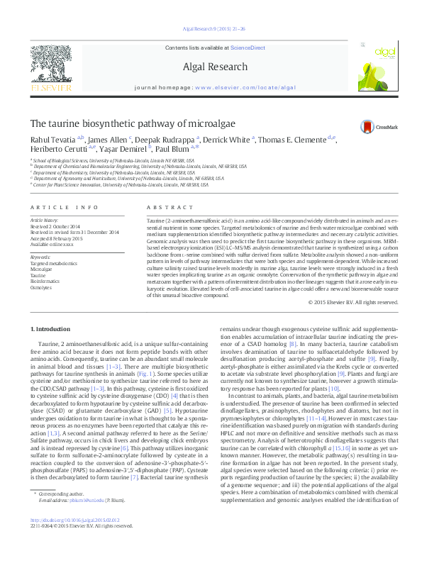 (PDF) The taurine biosynthetic pathway of microalgae