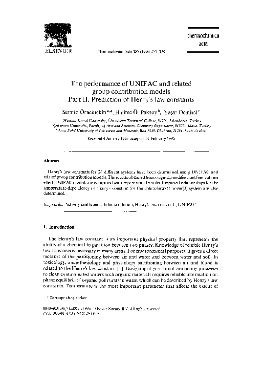 (PDF) The performance of UNIFAC and related group contribution models ...