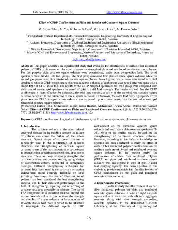 Pdf Effect Of Cfrp Confinement On Plain And Reinforced Concrete Square Columns