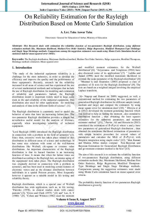 Pdf On Reliability Estimation For The Rayleigh Distribution Based On Monte Carlo Simulation
