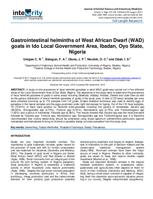 (PDF) Gastrointestinal helminths of West African Dwarf (WAD) goats in ...