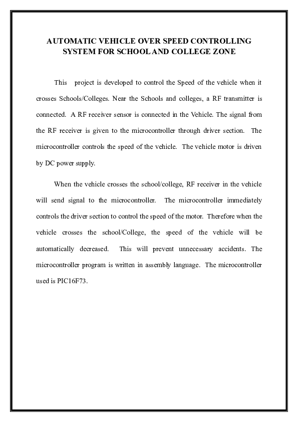 (DOC) AUTOMATIC VEHICLE OVER SPEED CONTROLLING SYSTEM FOR SCHOOL AND COLLEGE ZONE