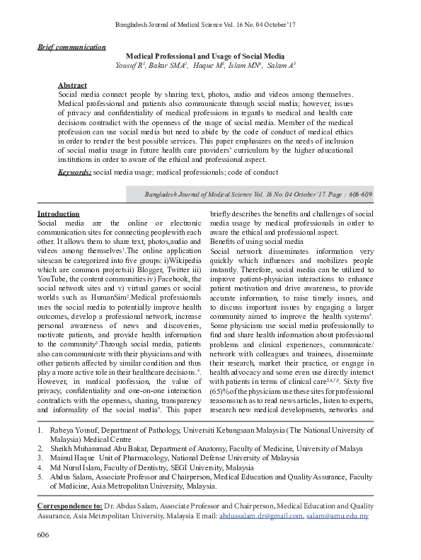 (PDF) Brief communication Medical Professional and Usage of Social Media