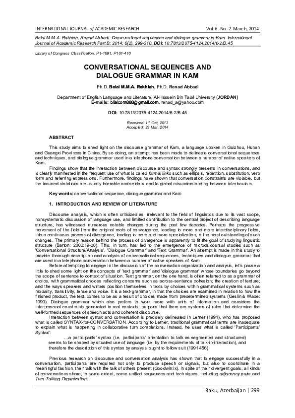 (PDF) CONVERSATIONAL SEQUENCES AND DIALOGUE GRAMMAR IN KAM